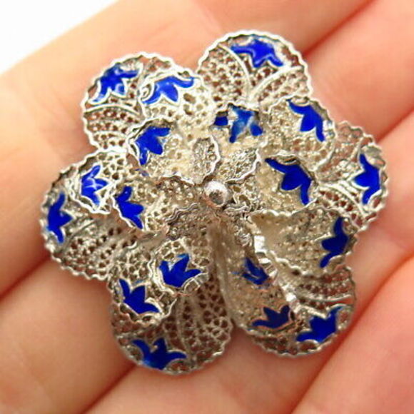 Jewelry | 925 Sterling Vintage Portugal Topazio Blue Enamel Floral ...